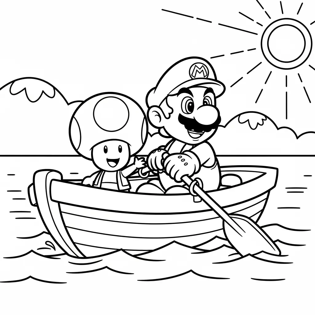 Desenho do Mario e Toad em um barco para colorir – Desenhos