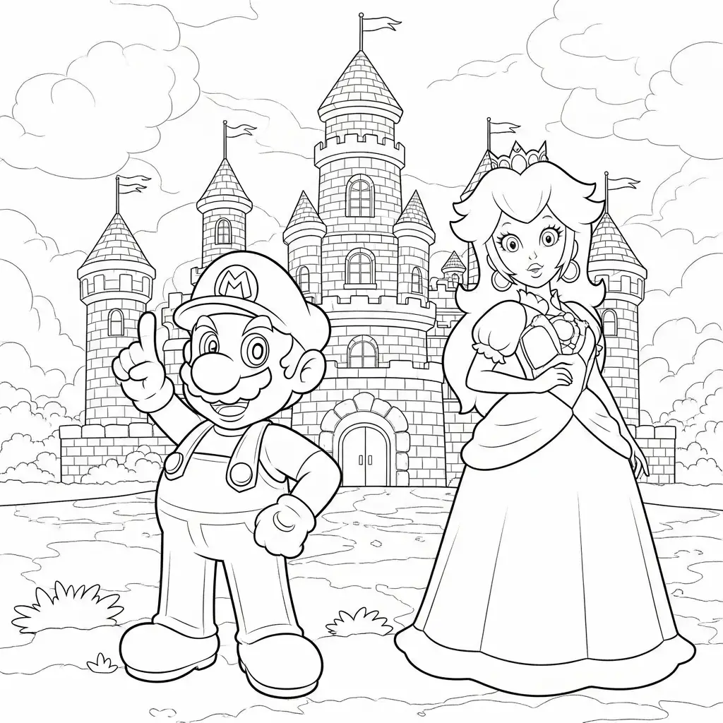 Desenho do Mario e da Princesa Peach no castelo para colorir – Desenhos
